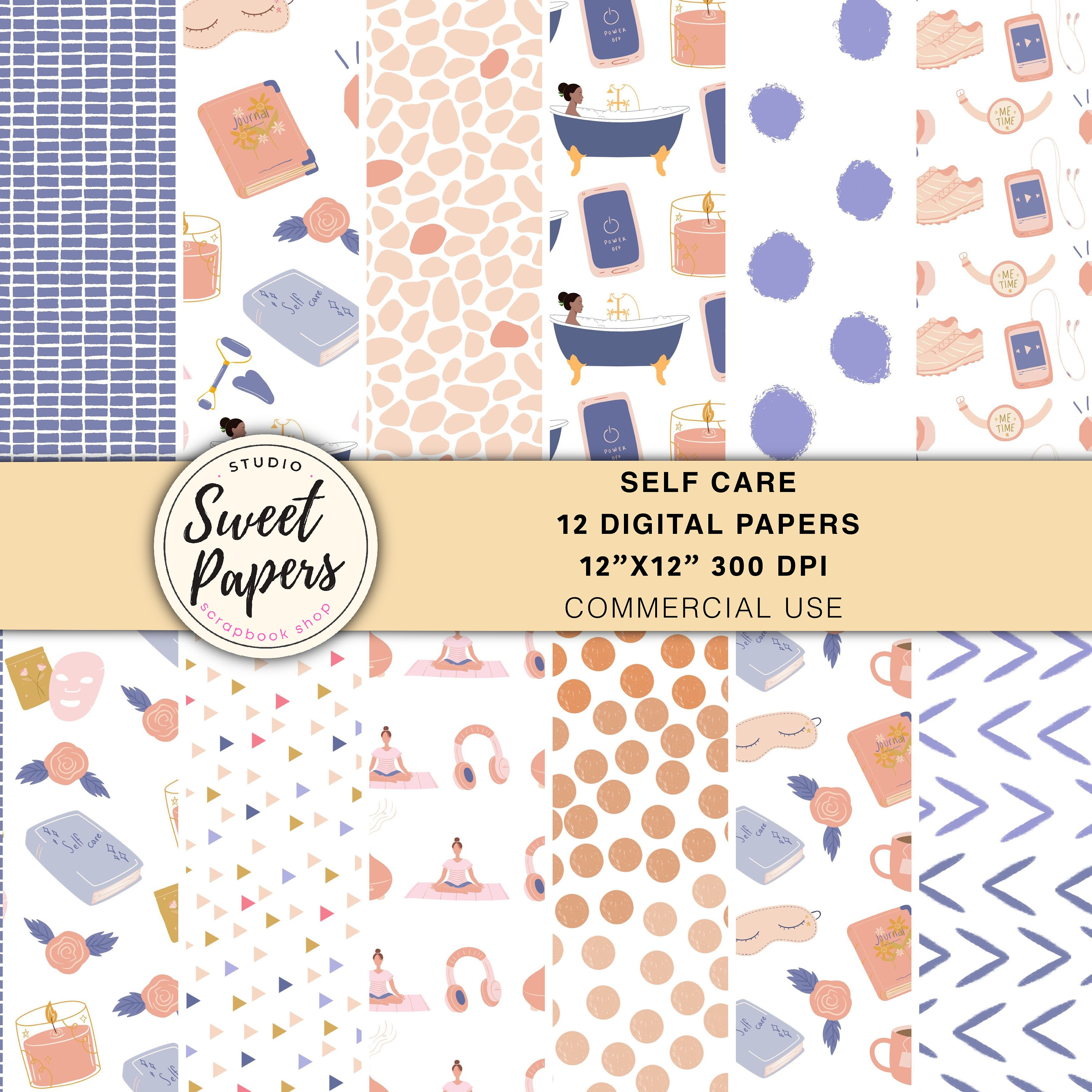 Set of 12 Self Care Patterns Digital Papers, Well-being, Mental Health ...