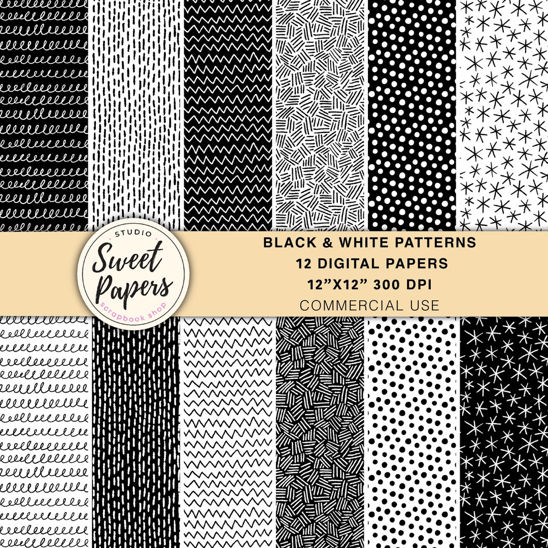 Set of 12 Black & White Patterns Digital Papers, Doodle Digital Papers ...