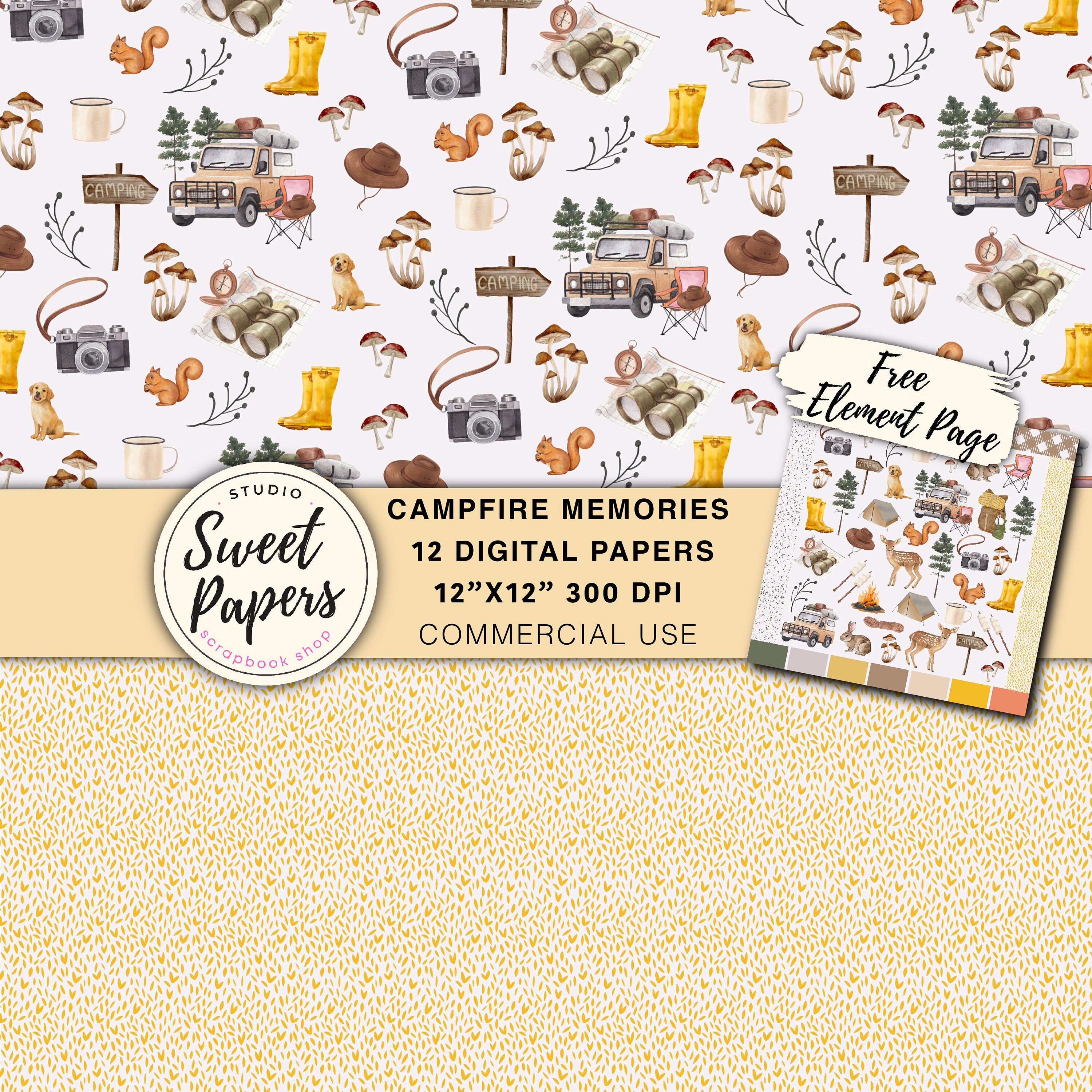 Set of 12 Campfire Digital Papers, Campfire Stories, Tent, Backpack ...