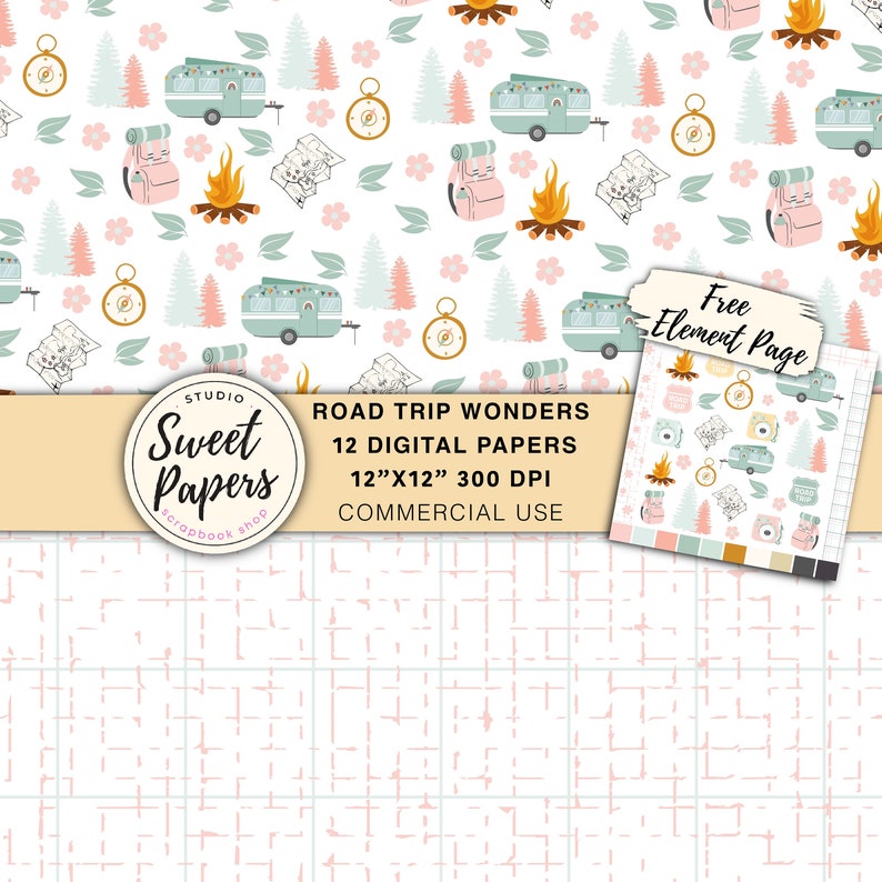 12 Camper Road Trip Scrapbook Paper Pack, Travel Themed Backgrounds for ...