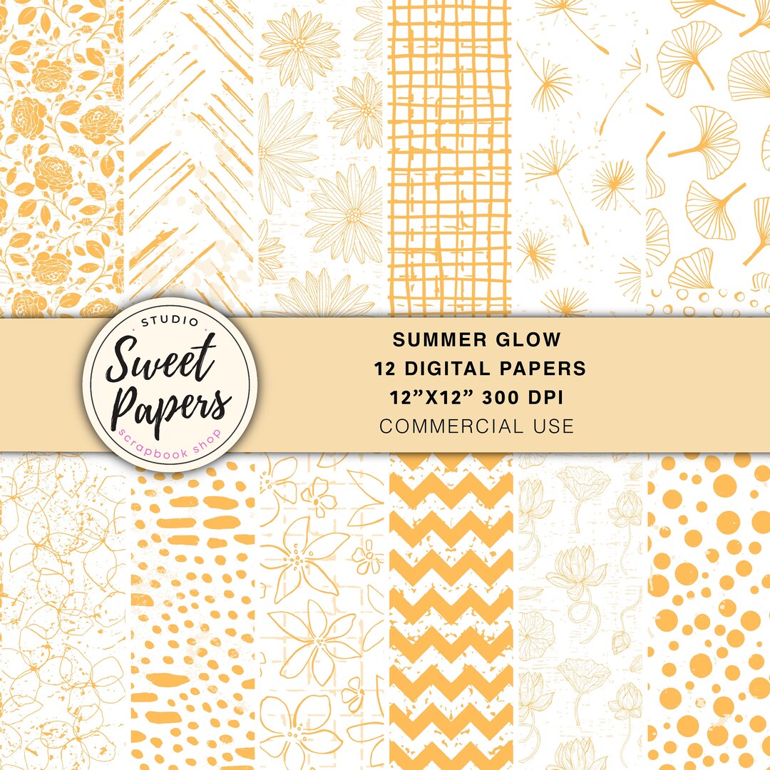 Set of 12 Summer Glow Digital Papers, Orange Flowers, Patterns ...