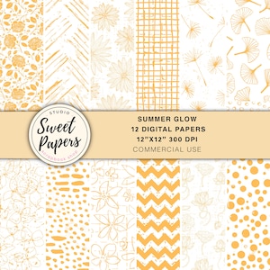 Set of 12 Summer Glow Digital Papers, Orange Flowers, Patterns ...