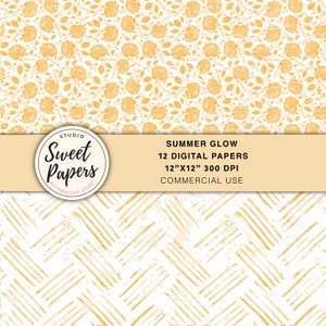 Set of 12 Summer Glow Digital Papers, Orange Flowers, Patterns ...