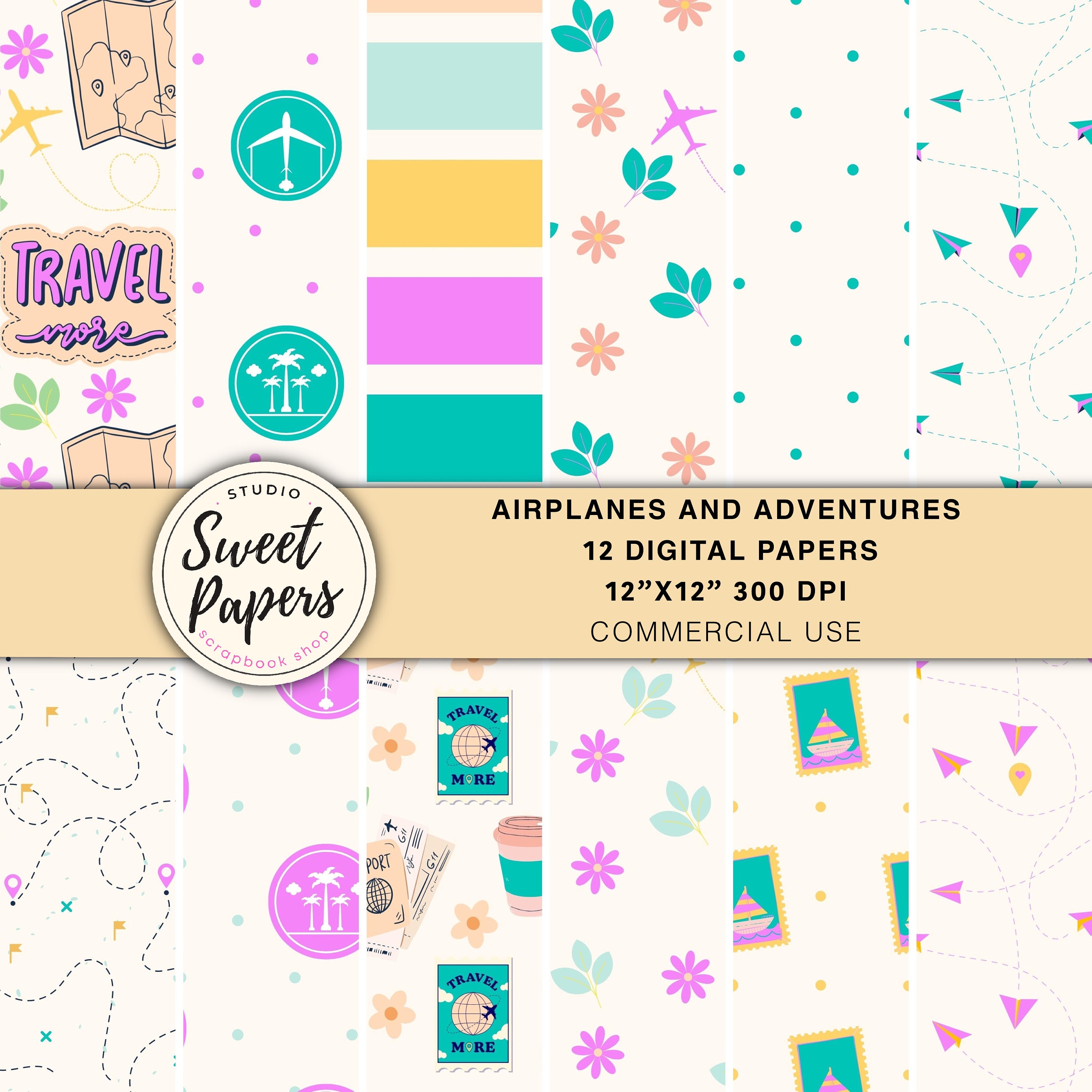12 Airplanes and Adventures Digital Papers, Airplanes, Vacation, Travel ...