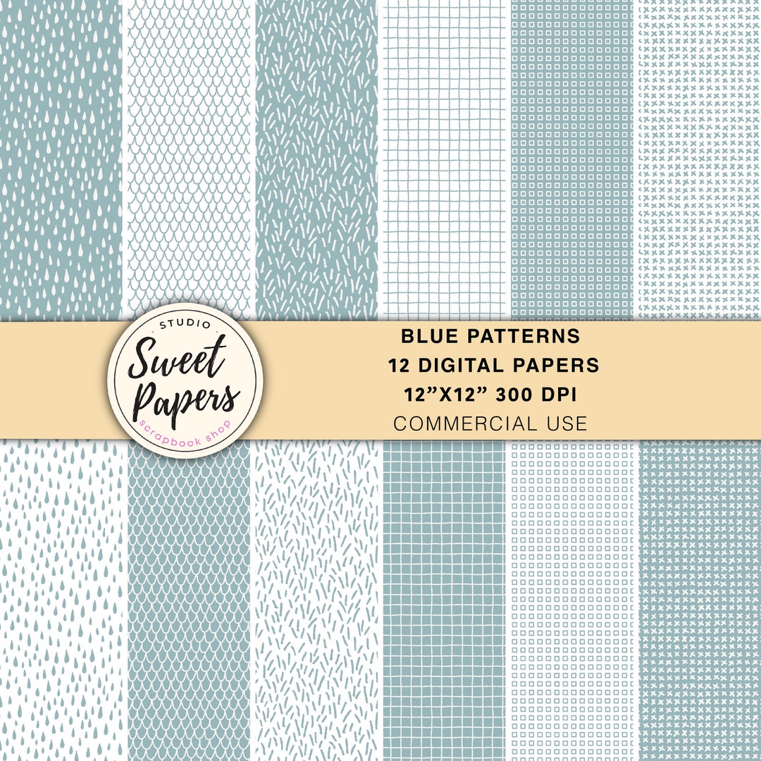 Set of 12 Blue Patterns Digital Papers, Doodle Digital Papers, Digital ...
