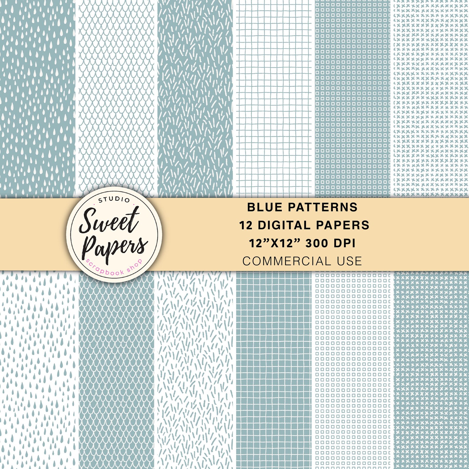 Set of 12 Blue Patterns Digital Papers, Doodle Digital Papers, Digital Scrapbooking Paper ...