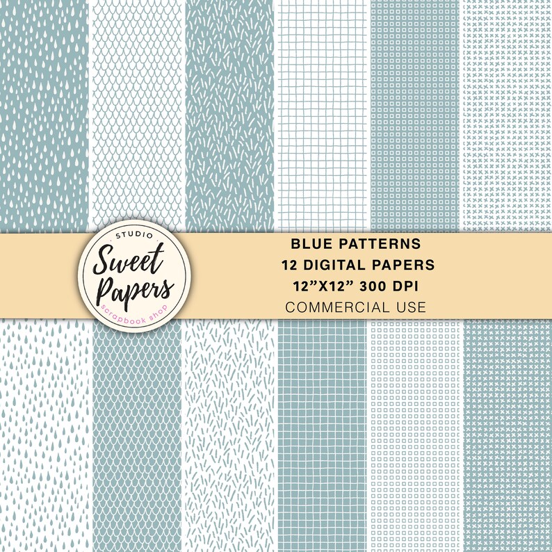 Set of 12 Blue Patterns Digital Papers, Doodle Digital Papers, Digital ...