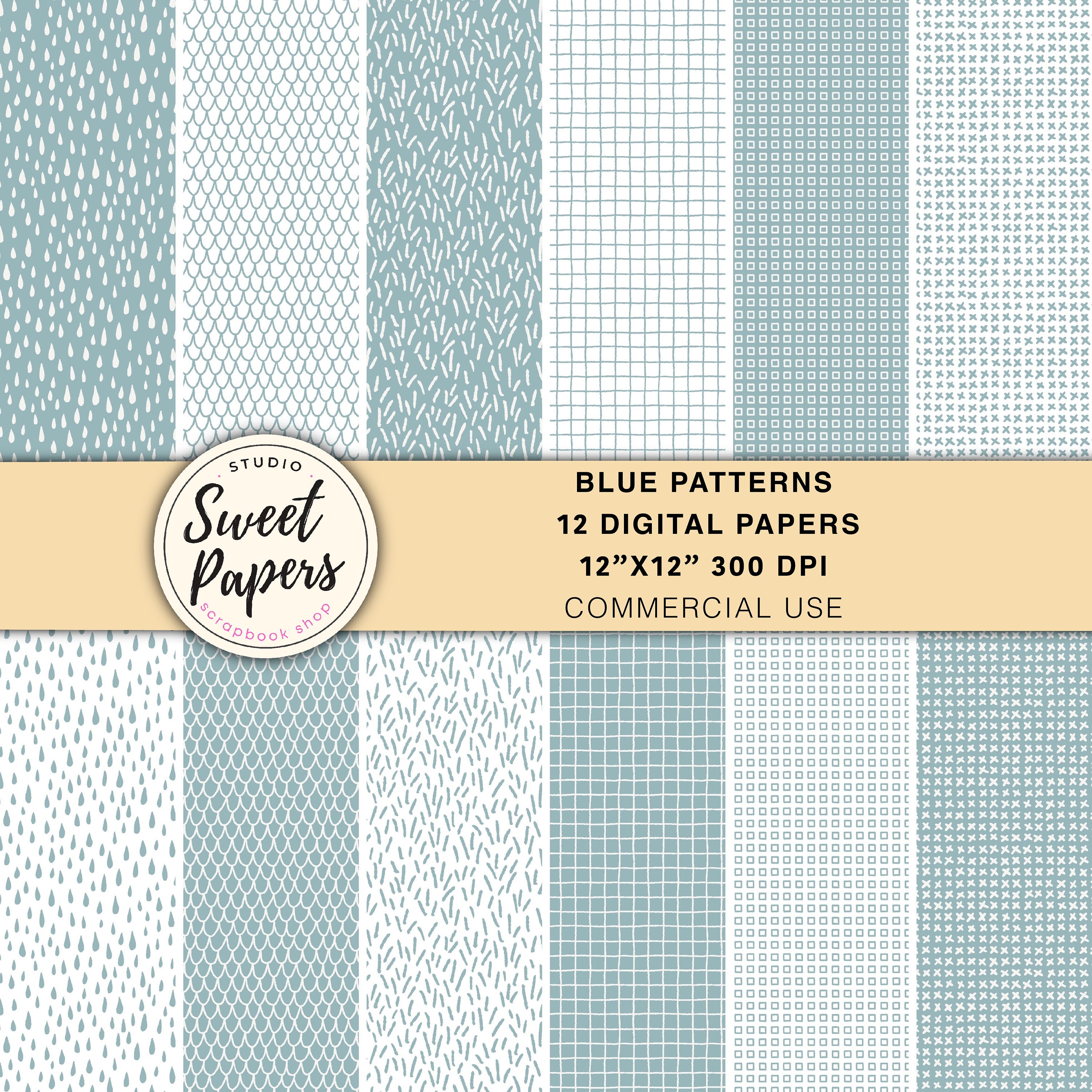 Set of 12 Blue Patterns Digital Papers, Doodle Digital Papers, Digital ...
