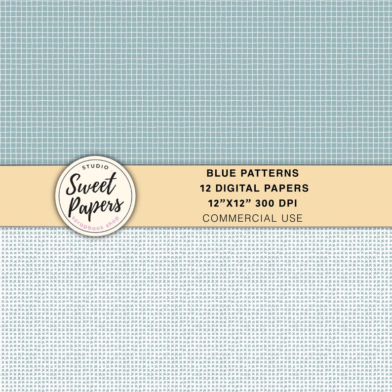 Set of 12 Blue Patterns Digital Papers, Doodle Digital Papers, Digital ...