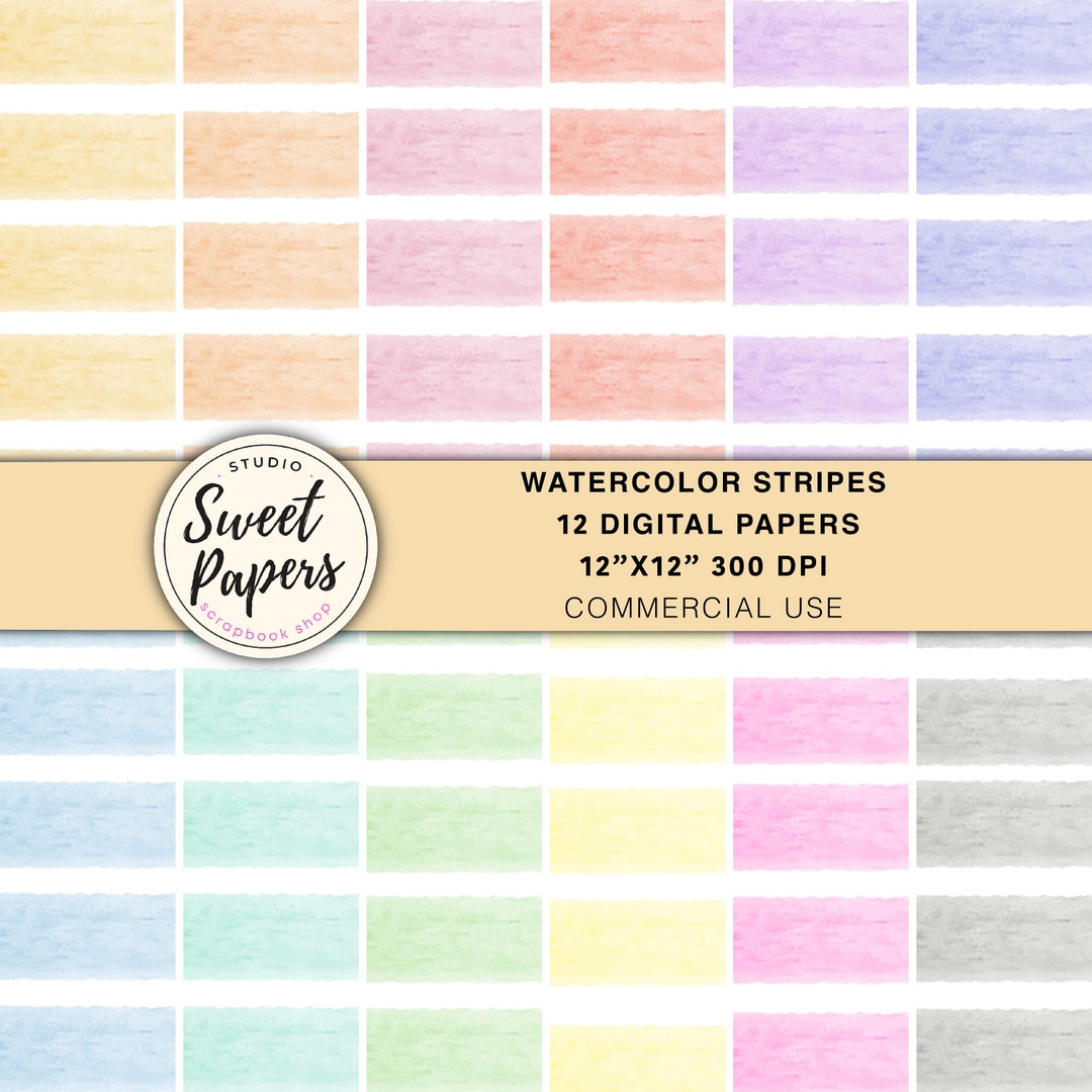 Set of 12 Watercolor Stripes Digital Papers, Basic, Colorful Digital ...