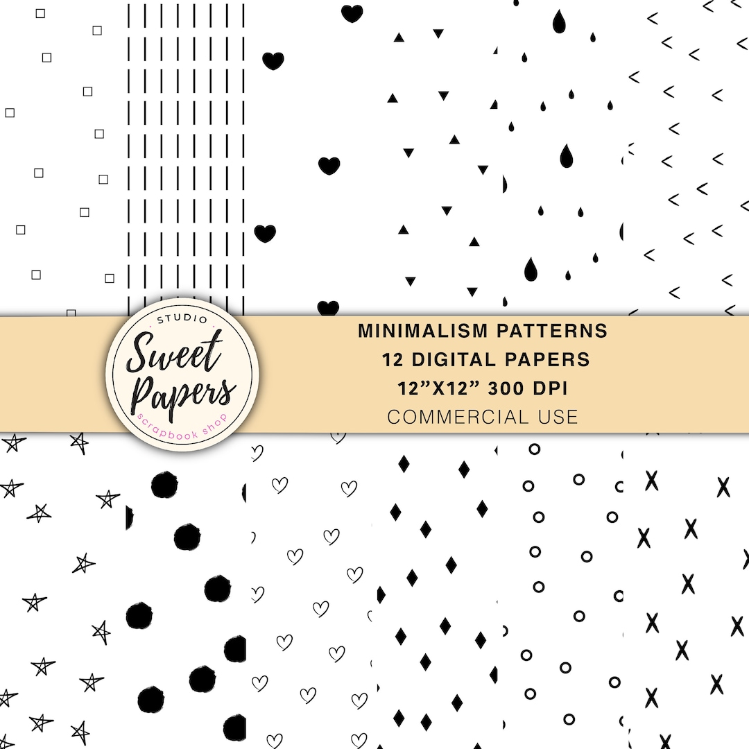 Set of 12 Minimalism Patterns Digital Papers, Black and White Doodle ...