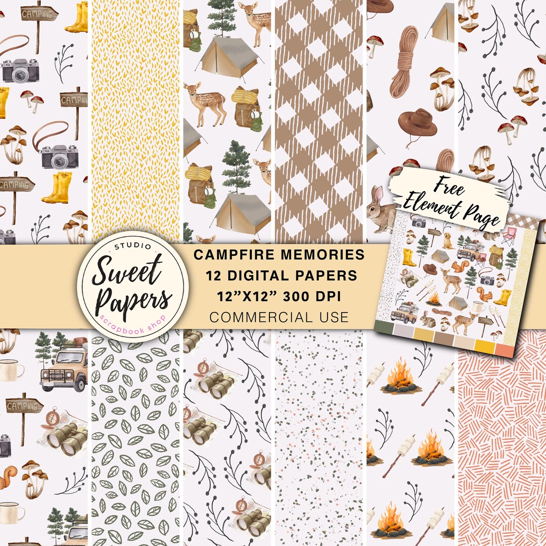 Set of 12 Campfire Digital Papers, Campfire Stories, Tent, Backpack ...