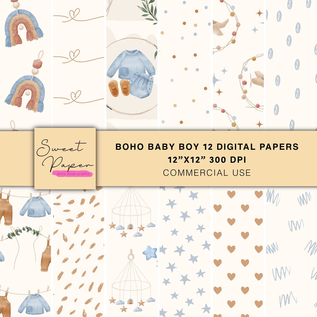 12 Boho Baby Boy Digital Papers, Neutral Digital Papers, Digital ...