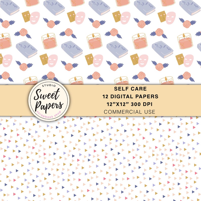 Set of 12 Self Care Patterns Digital Papers, Well-being, Mental Health ...