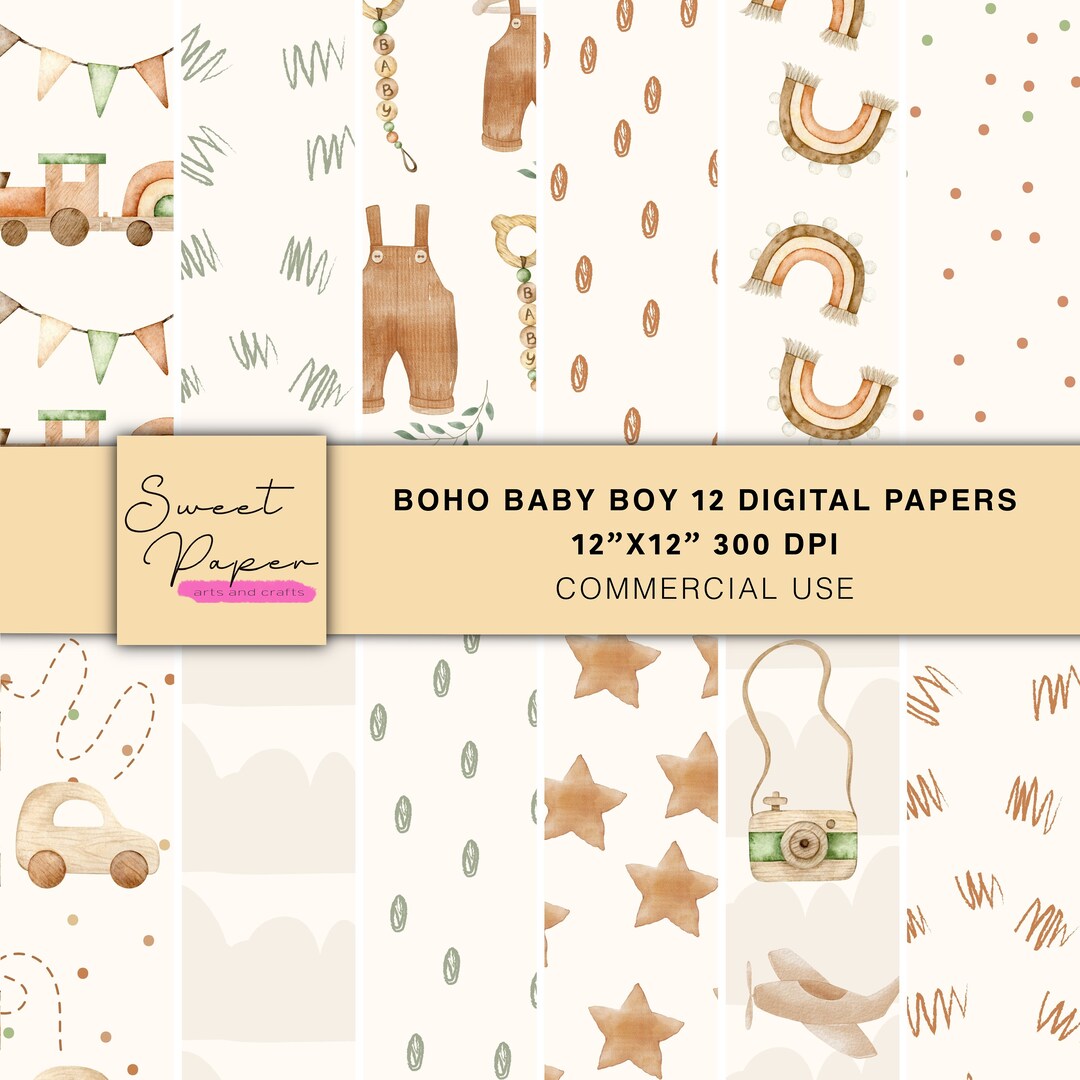 12 Boho Baby Boy Digital Papers, Neutral Digital Papers, Digital ...