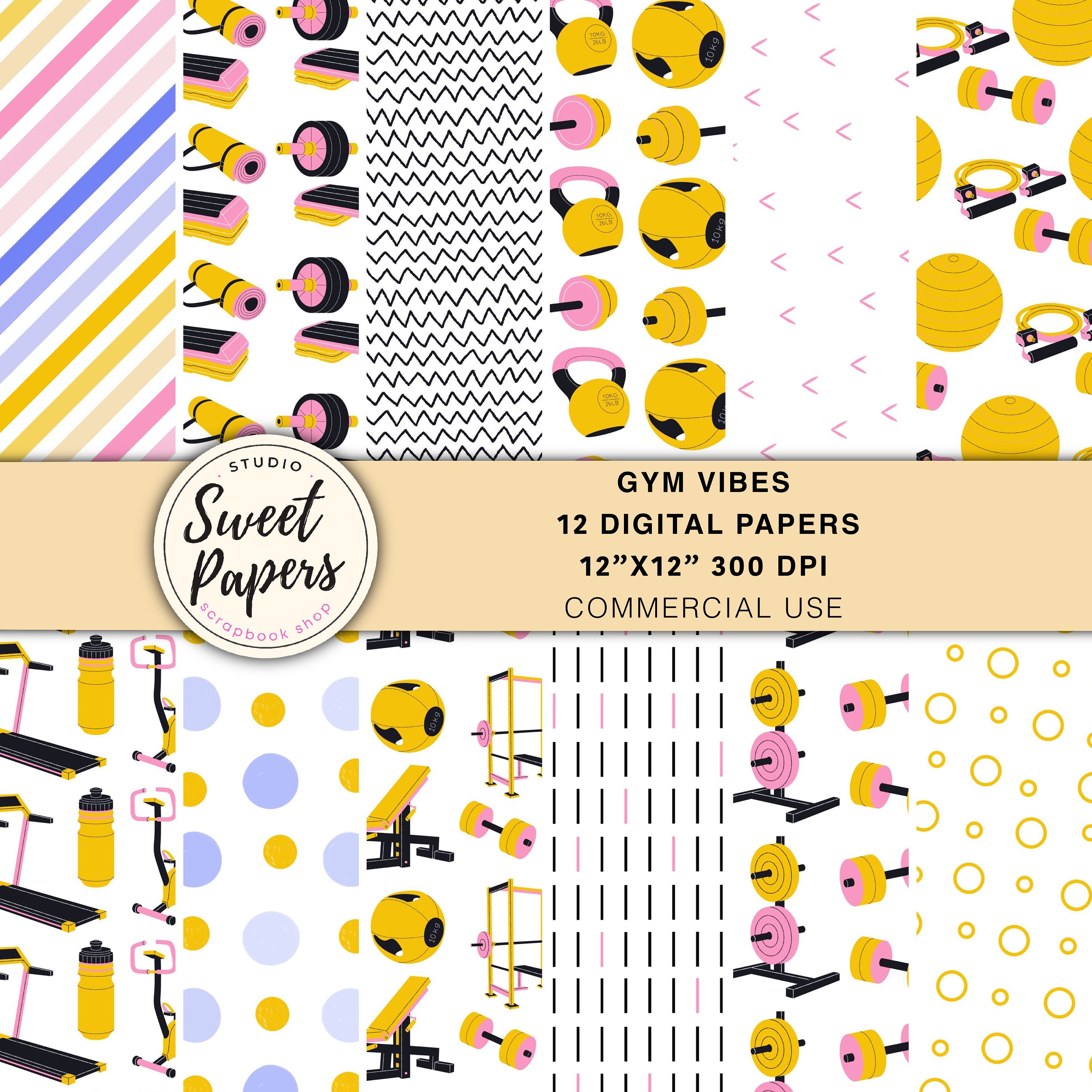 Set of 12 Gym Vibes Patterns Digital Papers, Fitness, Strength ...