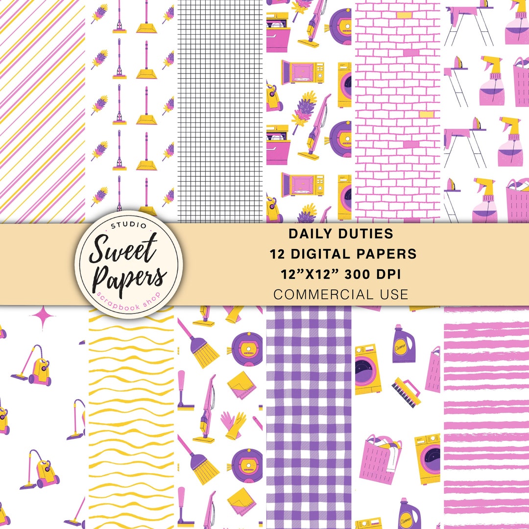 Set of 12 Daily Duties Patterns Digital Papers, Housekeeping, Cleaning ...