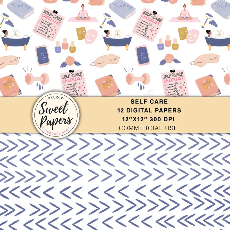 Set of 12 Self Care Patterns Digital Papers, Well-being, Mental Health ...