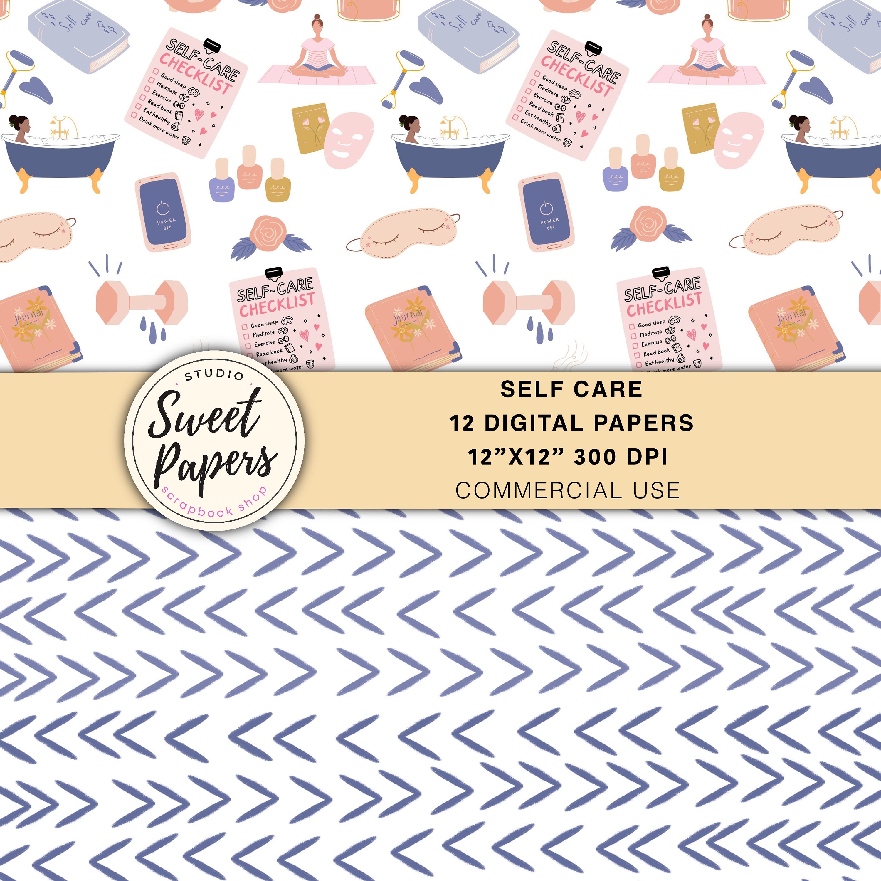 Set of 12 Self Care Patterns Digital Papers, Well-being, Mental Health ...