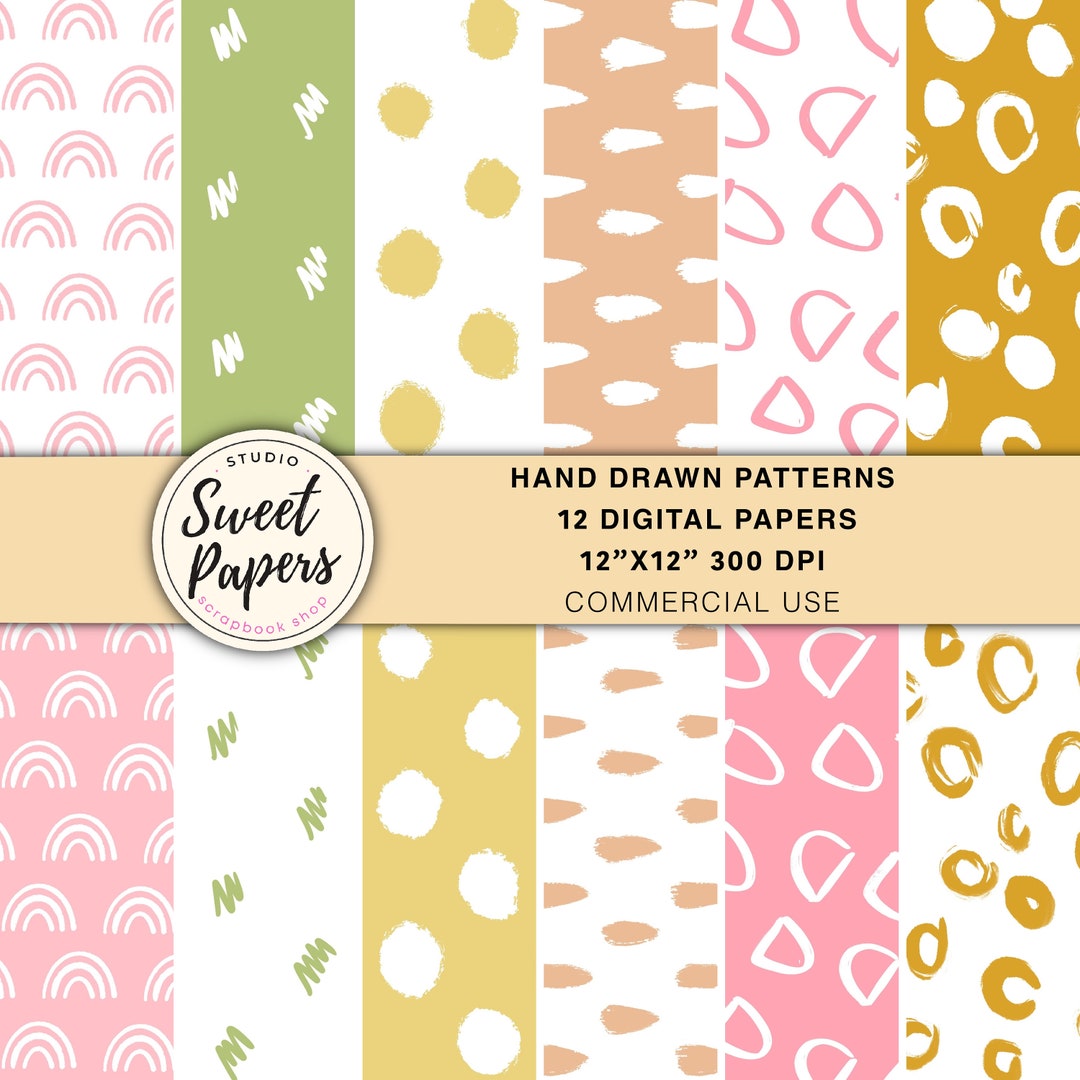 Set of 12 Hand Drawn Patterns, Doodle Digital Papers, Digital ...