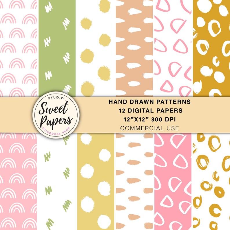 Set of 12 Hand Drawn Patterns, Doodle Digital Papers, Digital ...