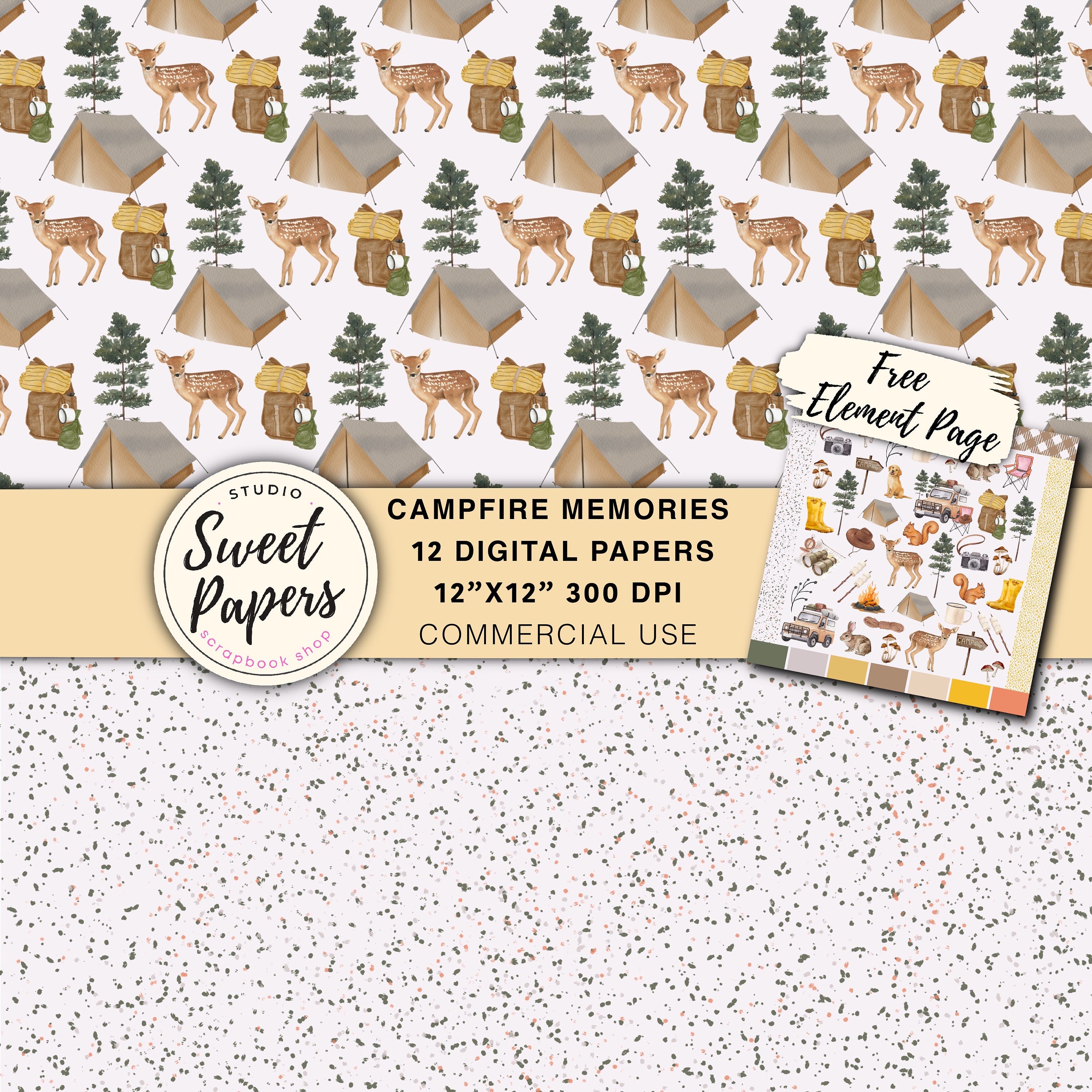 Set of 12 Campfire Digital Papers, Campfire Stories, Tent, Backpack ...
