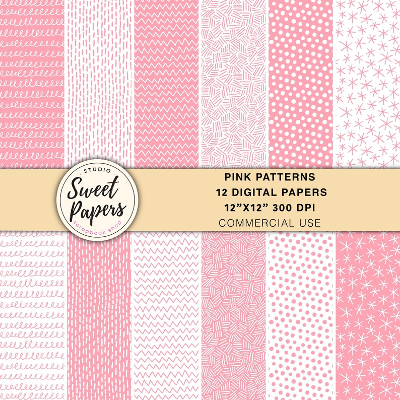 Set of 12 Pink Patterns, Doodle Digital Papers, Digital Scrapbooking ...