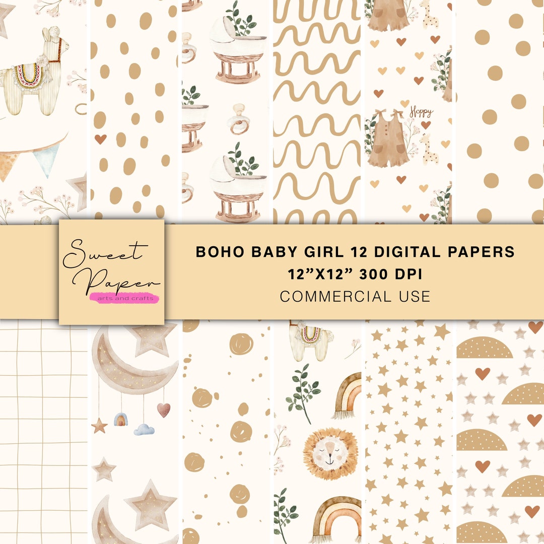 12 Boho Baby Girl Digital Papers, Neutral Digital Papers, Digital ...