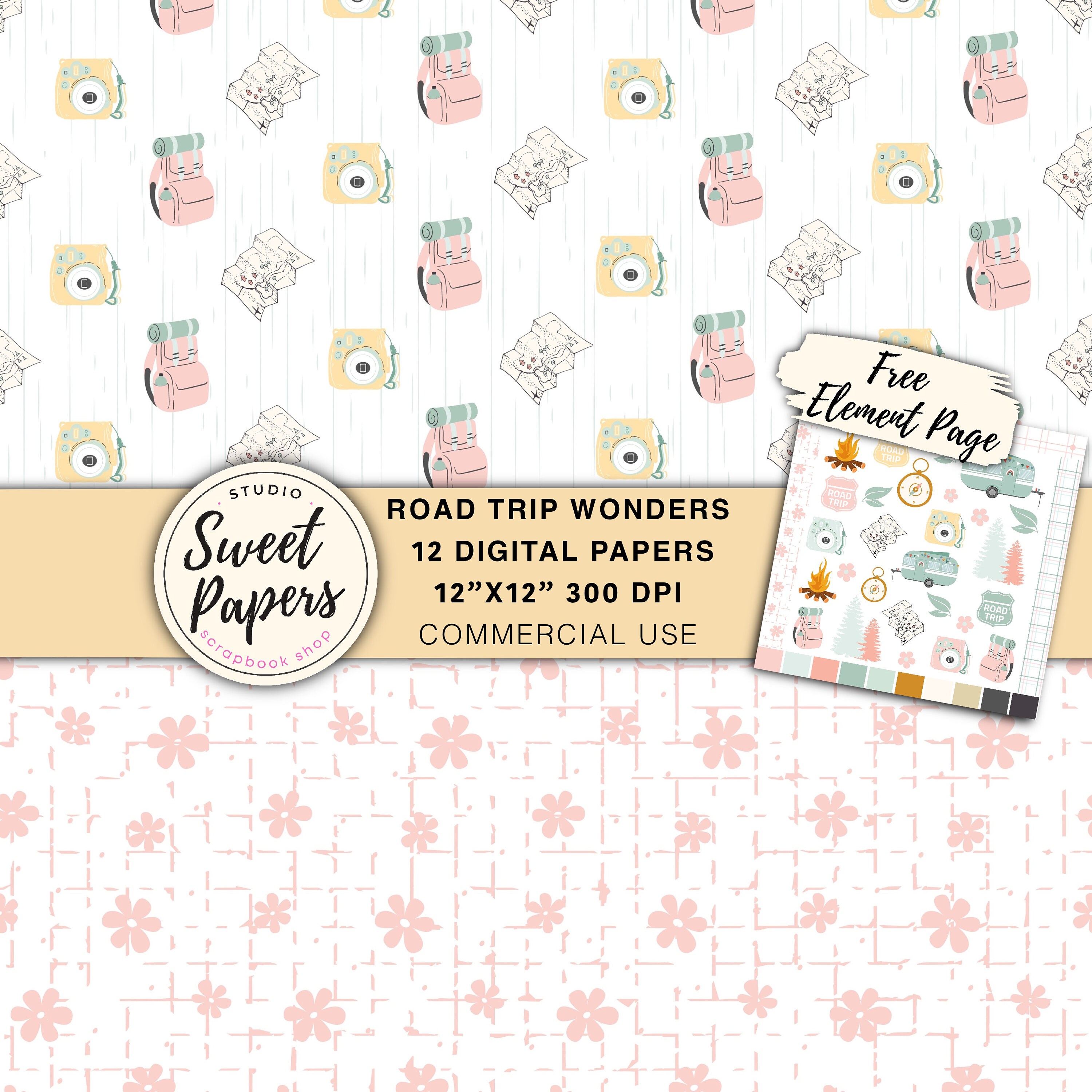 12 Camper Road Trip Scrapbook Paper Pack, Travel Themed Backgrounds for ...