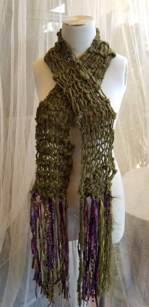 Olive Moss Green and Purple Boho Gypsy Handspun Handknit Scarf - Etsy