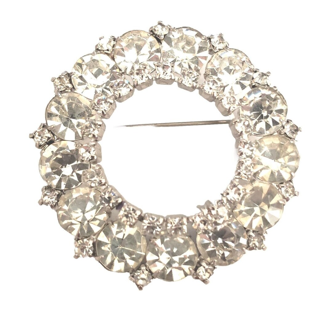 Huge Icy Rhinestone Wreath Brooch Circle High End Unsigned VTG Mid Cent ...