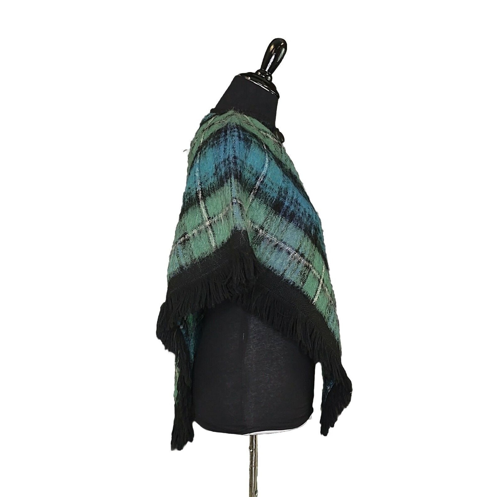 Vintage Scotch House Mohair Poncho Fringed Green Blue Plaid Small ...