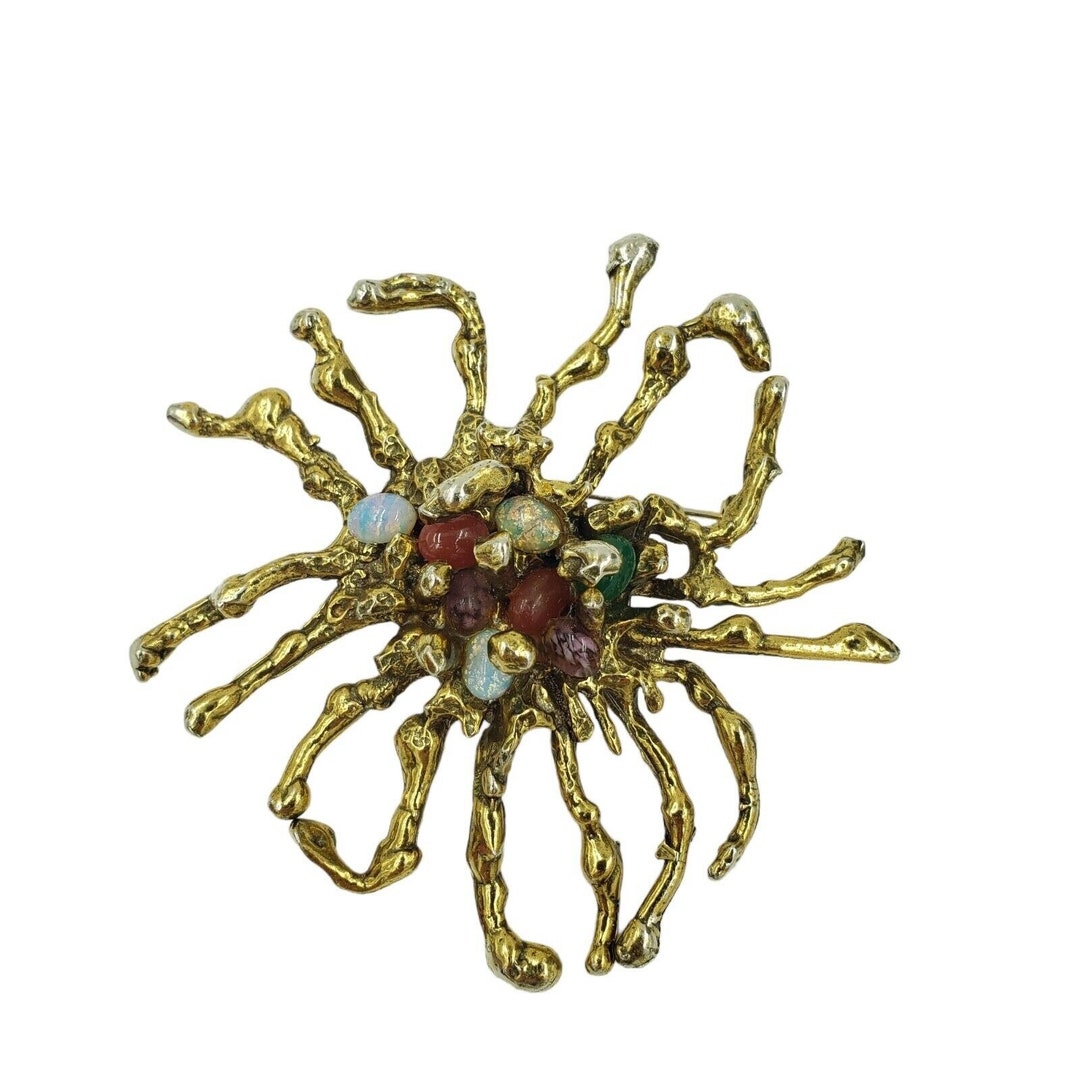 Zentall Brutalist Brooch Natural Stone Cluster Gold Tone Modernist ...