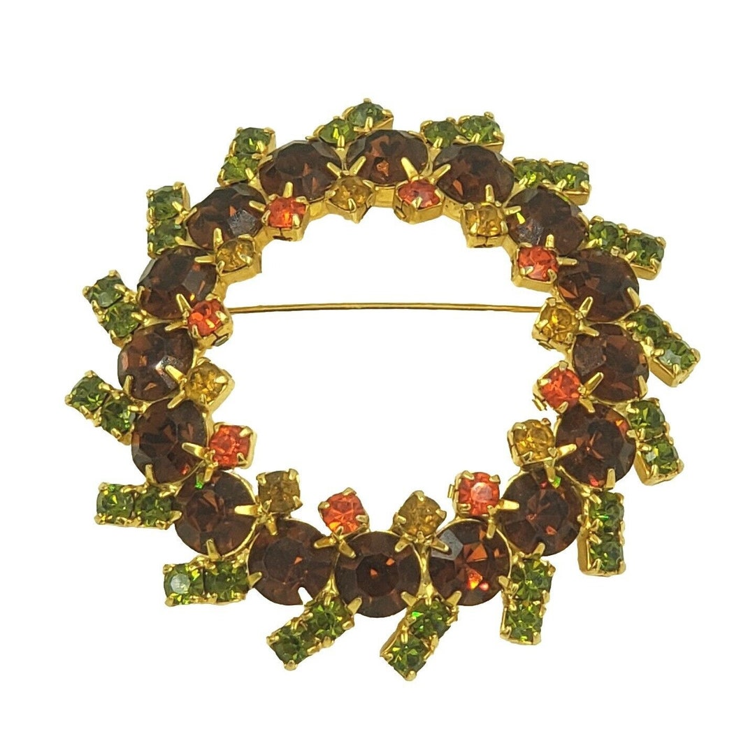Vintage Rhinestone Circle Wreath Brooch Pinwheel Layered Fall Colors ...