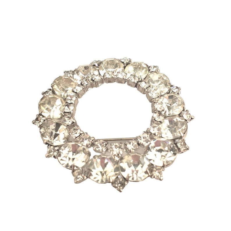 Huge Icy Rhinestone Wreath Brooch Circle High End Unsigned VTG Mid Cent ...