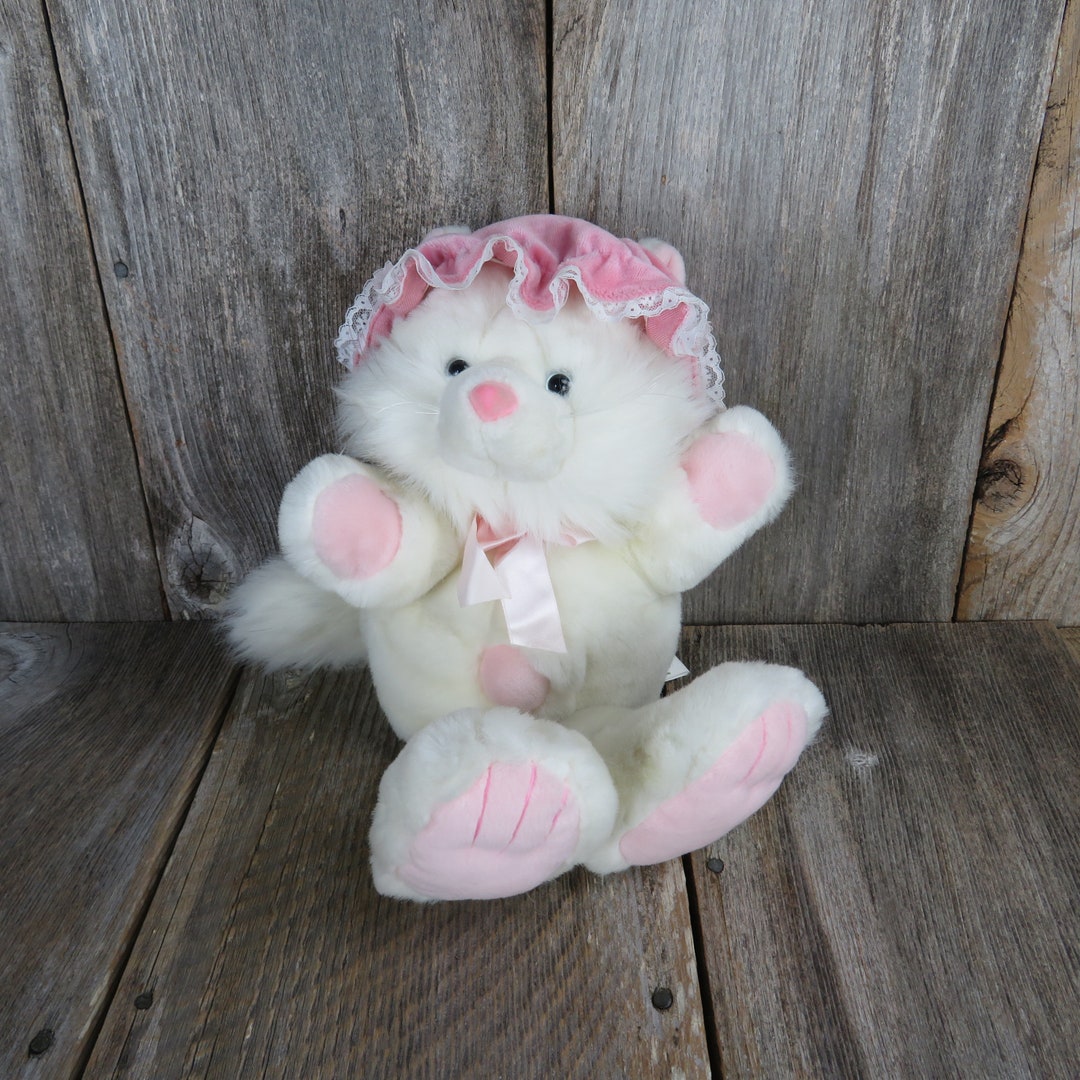 Vintage Cat Kitty Puppet Plush Kitten Nightcap Velour Pink Bow Stuffed ...