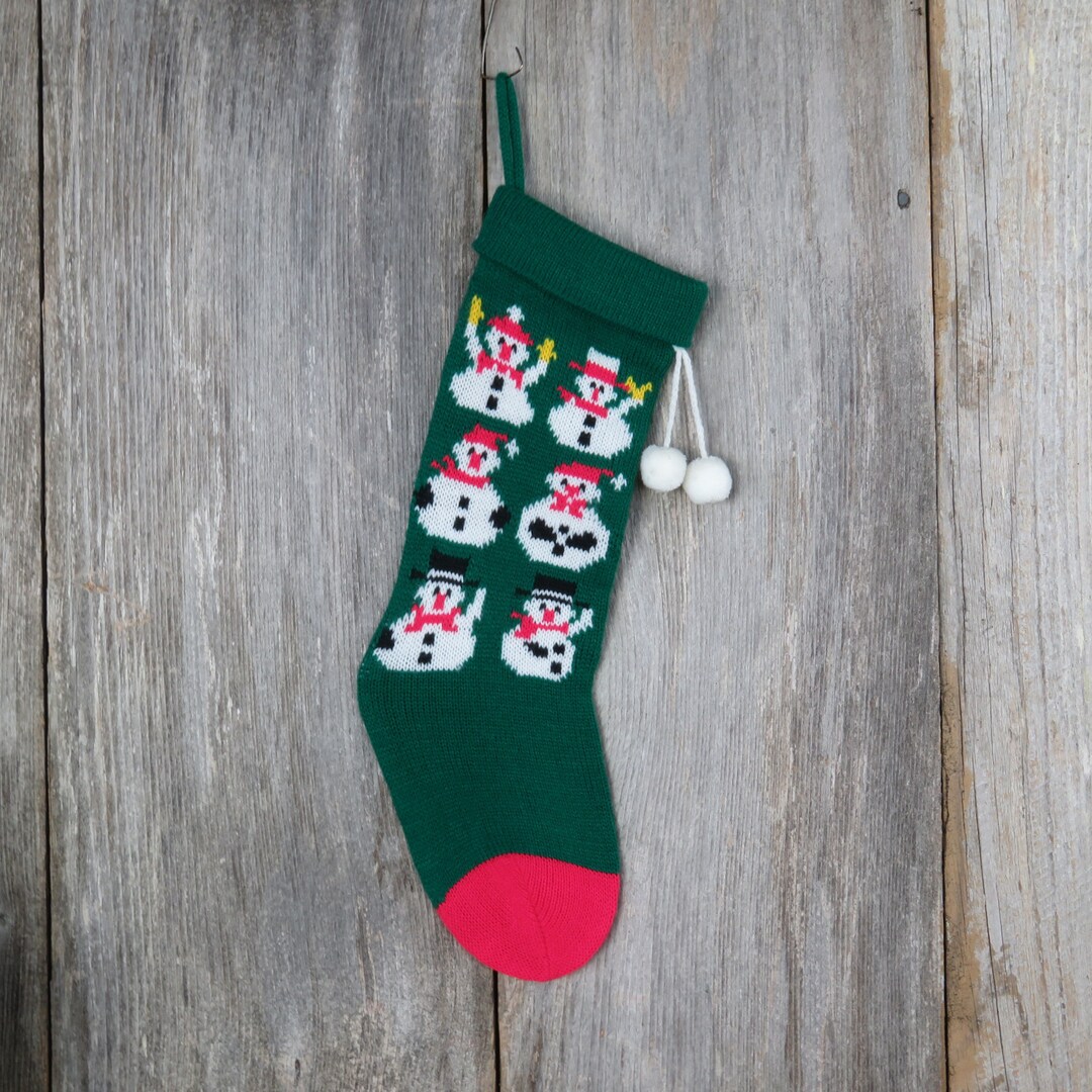 Vintage Knit Snowman Stocking Green Red Christmas Santa Top Hat Pom Pom ...