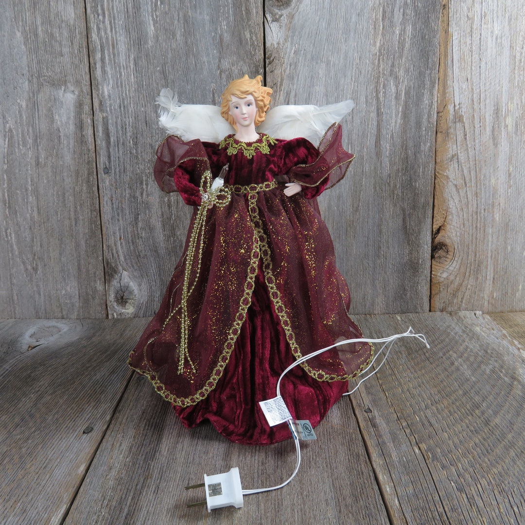 Vintage Red Angel Christmas Tree Topper Light up Porcelain Feather ...
