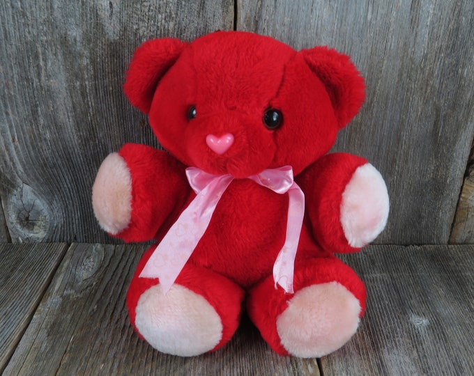 Vintage Red Teddy Bear Plush Stuffed Animal Pink Heart Nose Bow Fun ...