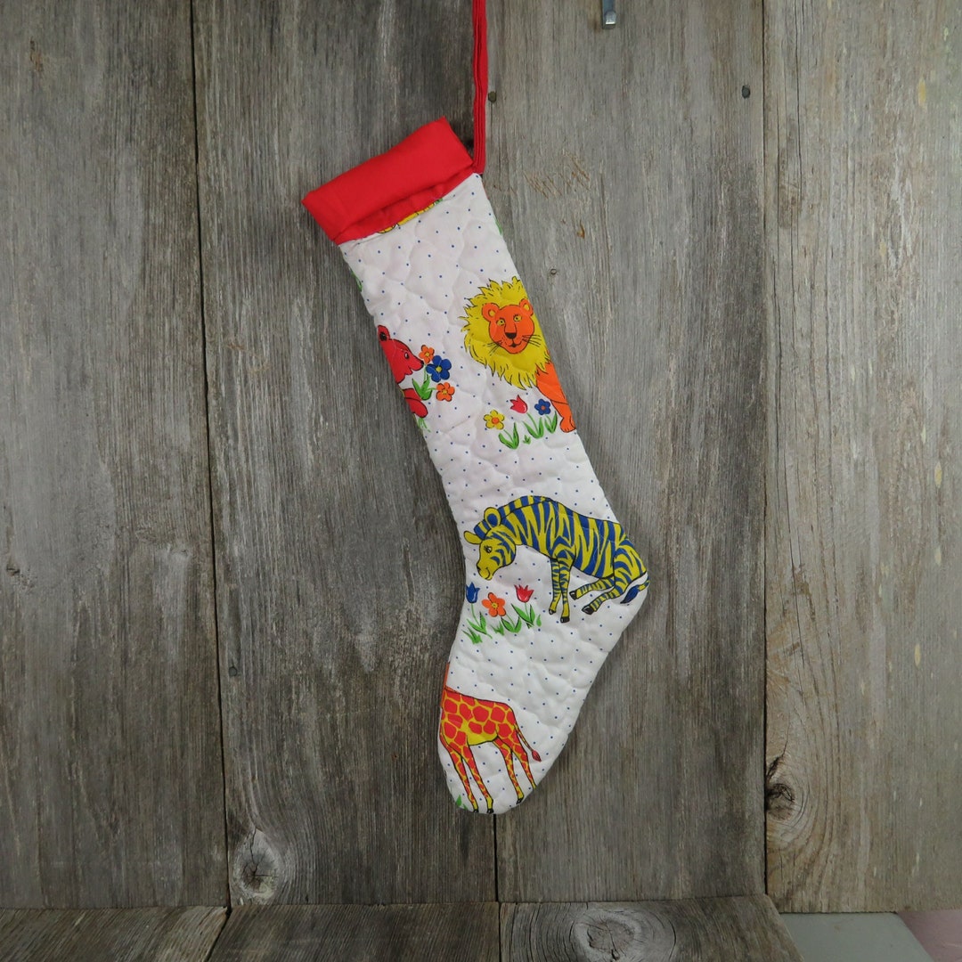 Vintage Christmas Stocking Quilted Jungle Animals Handmade Fabric Lion ...