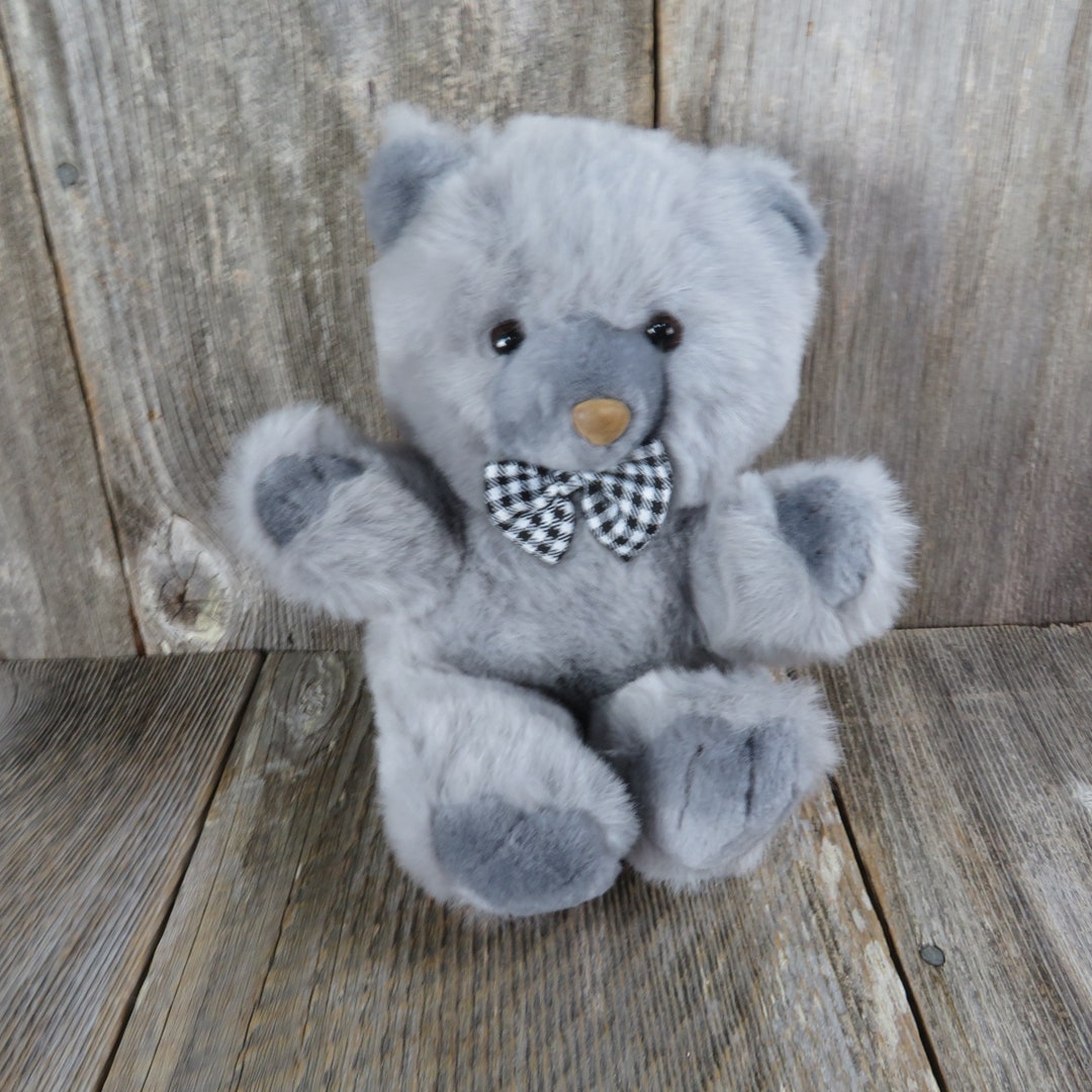 Vintage Grey Teddy Bear Plush Sitting White Black Bow Tie Flocked Brown ...