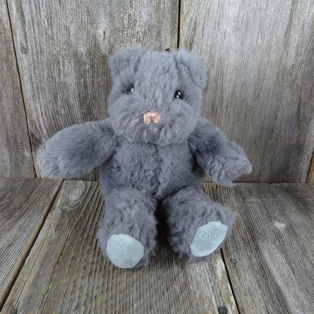 Vintage Teddy Bear Plush Fuzzy Stuffed Animal Grey Stitched Pink Nose ...