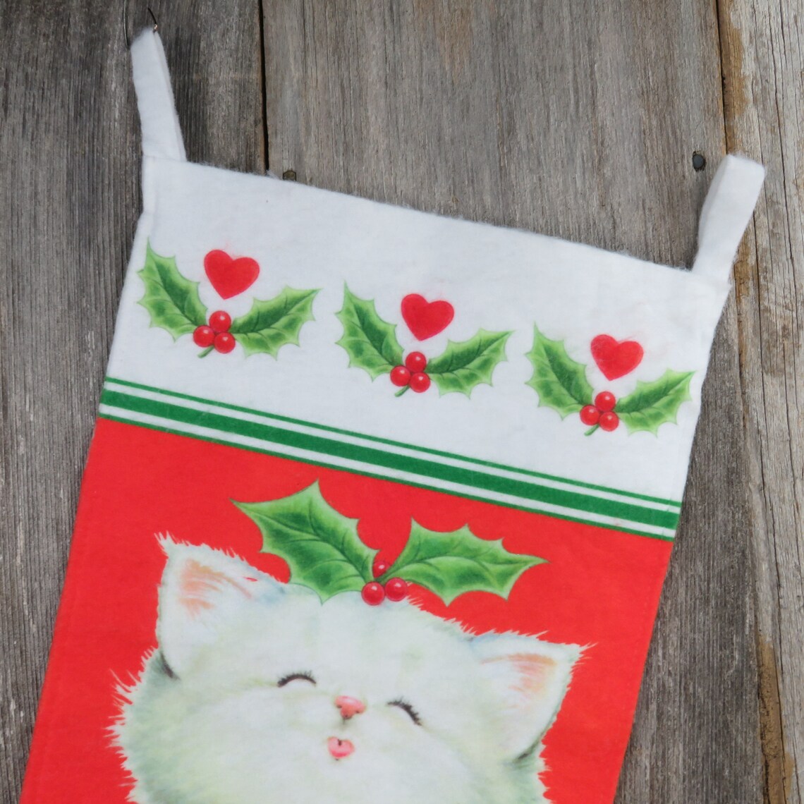 Vintage Kitten Cat Morehead Christmas Stocking Merry Kissmis Holly Felt ...