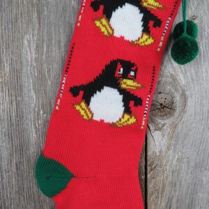 Vintage Penguin Knit Stocking Christmas Bird Knitted Red Green Pom Pom ...
