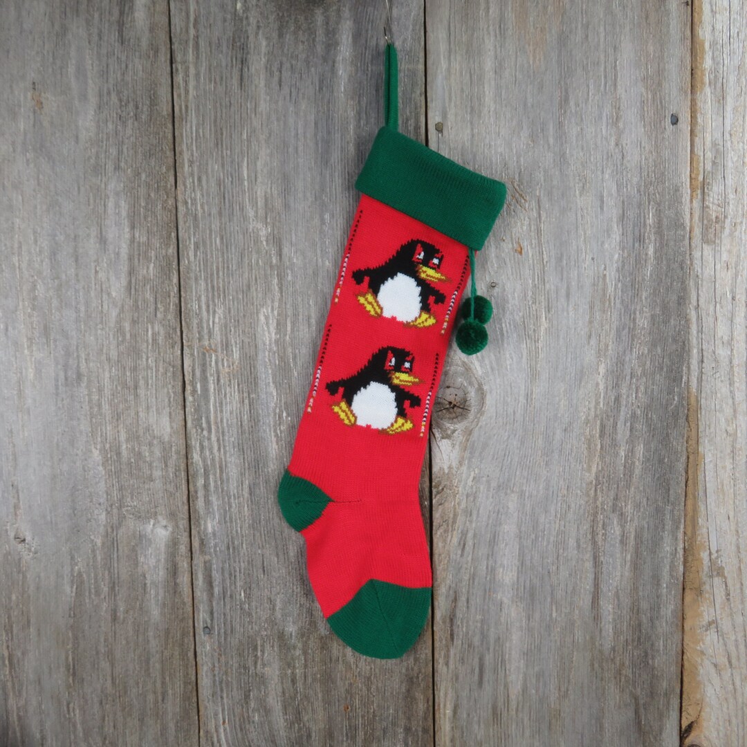 Vintage Penguin Knit Stocking Christmas Bird Knitted Red Green Pom Pom ...