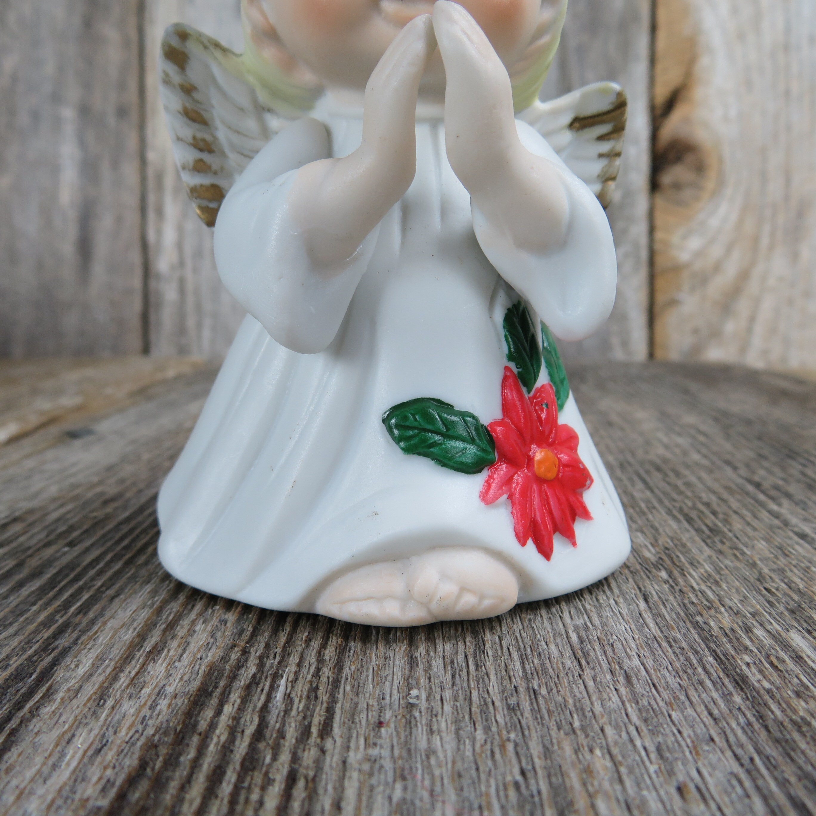 Vintage Christmas Angel Bell Figurine Poinsettia Praying Hands Eyes ...