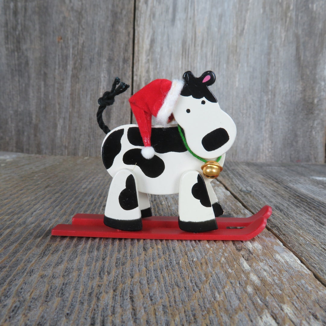 Vintage Cow on Skis Ornament Wooden Avon Christmas Holstein Black White ...