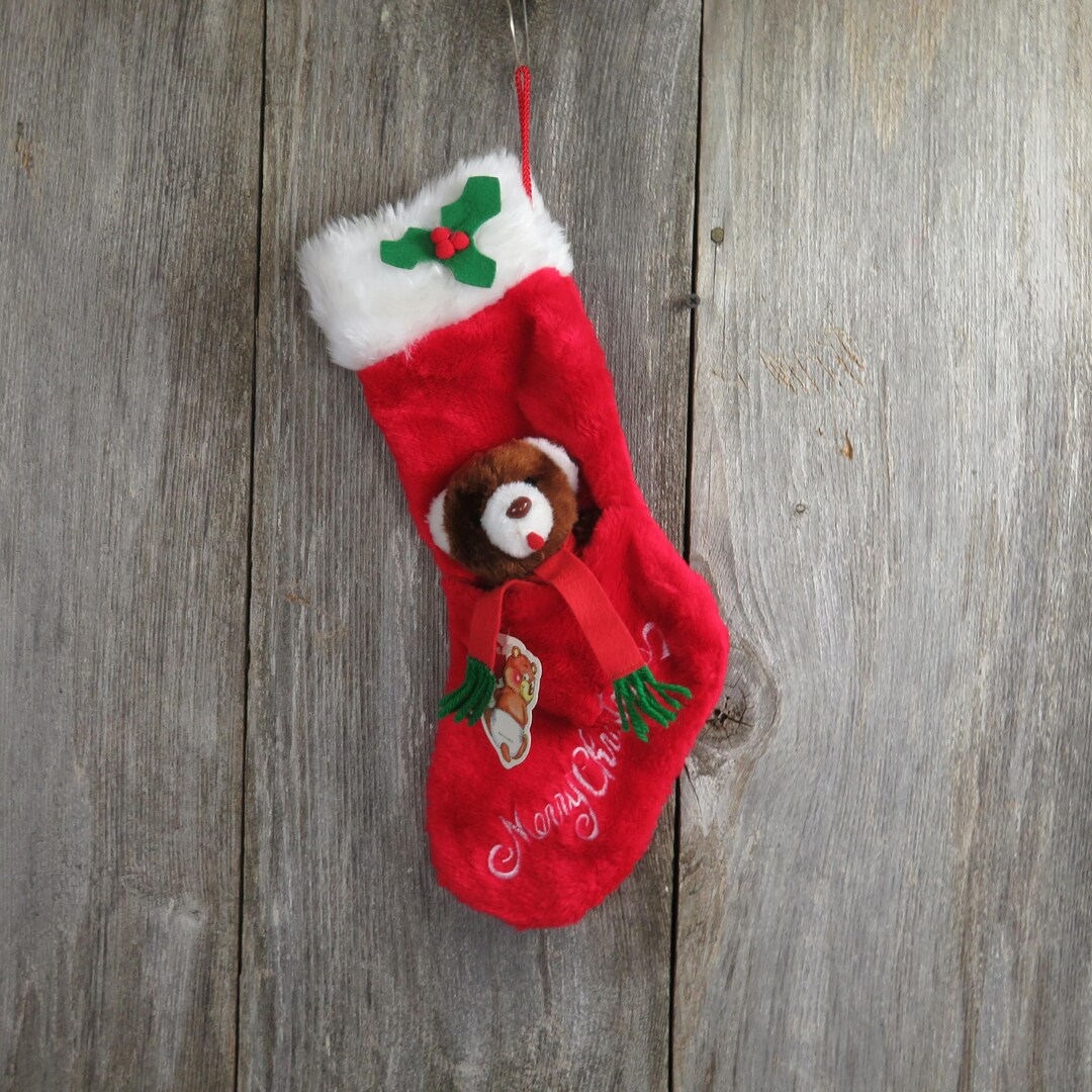 Vintage Teddy Bear Christmas Stocking Plush Stuffed Animal Pocket Merry ...