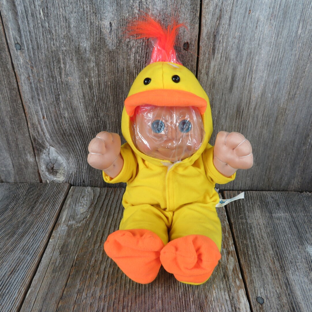 Vintage Troll in Duck Suit Doll Plush Yellow Orange Hair Blue Eyes Russ ...