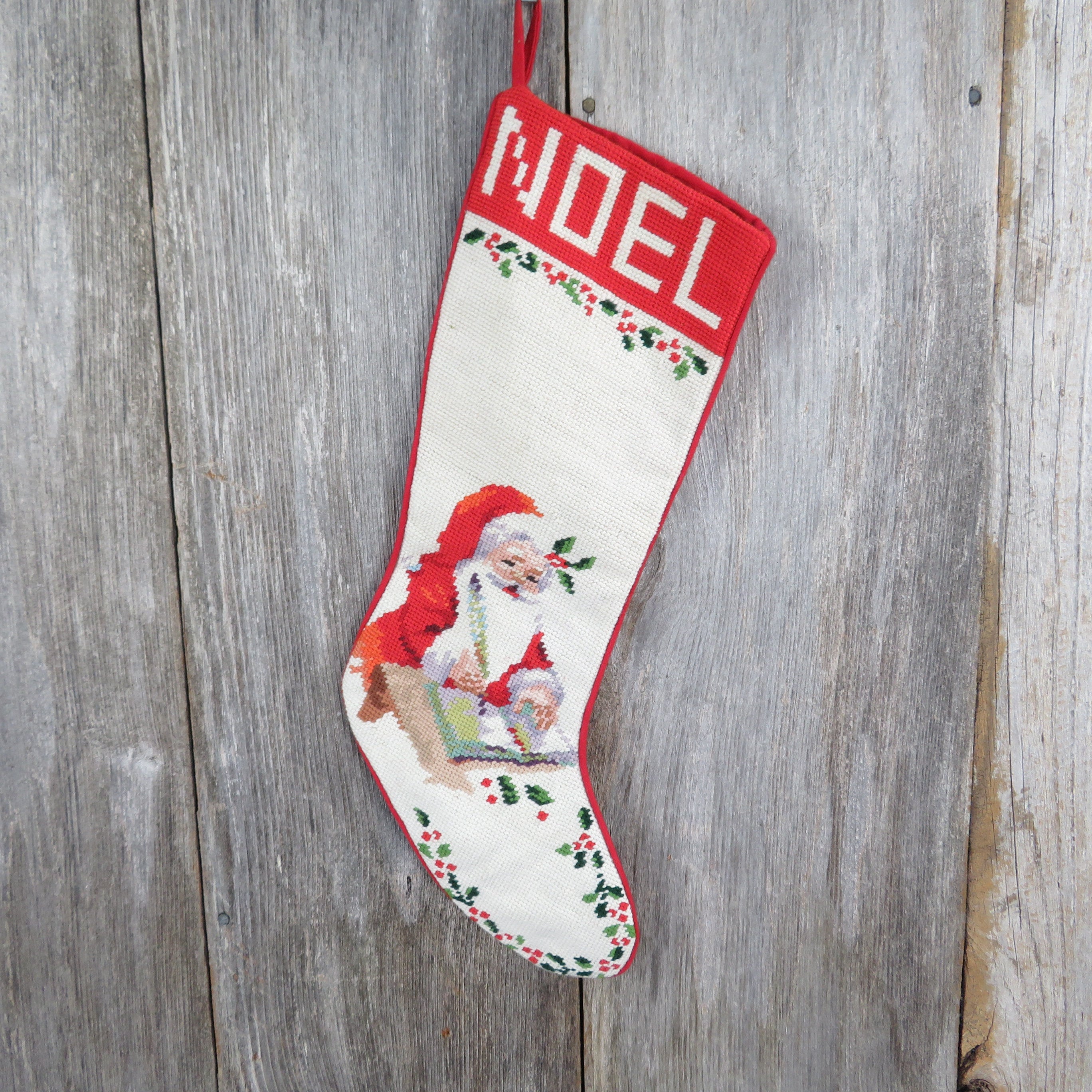 Wool Noel Santa Stocking Embroidered Christmas Making His List | Etsy